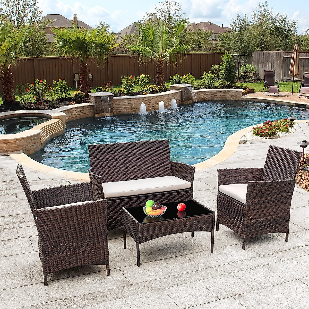 Flamaker Outdoor Furniture Patio Set Cushioned PE Wicker Rattan Chairs with Coffee Table 4 PCS for Garden Poolside Porch Backyard Lawn Balcony Use (Brown&Beige)