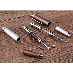 Asvine Mojiang T2 Elastic Piston Fountain Pen, Brown Alloy Acrylic Large-Capacity Ink Pen, Fine Nib with Pen Case