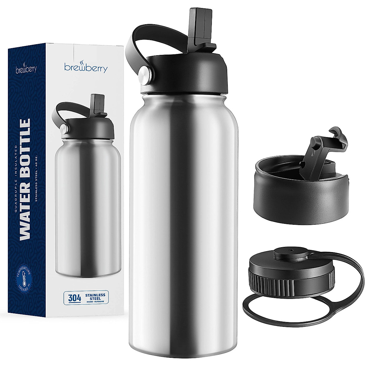 Brewberry Stainless Steel Insulated Water Bottle and Travel Mug for Hot and Cold Beverages, Wide Mouth, Double Wall Insulated Hydration Sports Water Bottle for Hiking, Biking, Outdoor, 40 OZ BPA Free