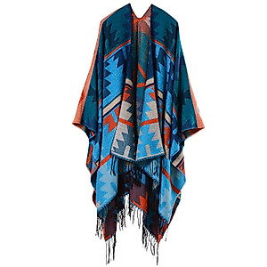 xxxiticat Women's Native American Trendy Cashmere Plaid Pattern Wrap Shawl Cardigan Poncho Cape Scarf(BE) Blue