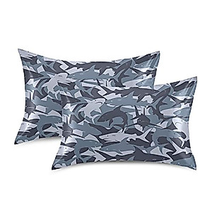 Sharks Camo Pillow Covers Silk Pillowcase for Hair and Skin Breathable & Silky Soft Satin Pillowcase Standard Size Pillow Case for Bedroom Bed Women Boys Girls (20x26 Inch)