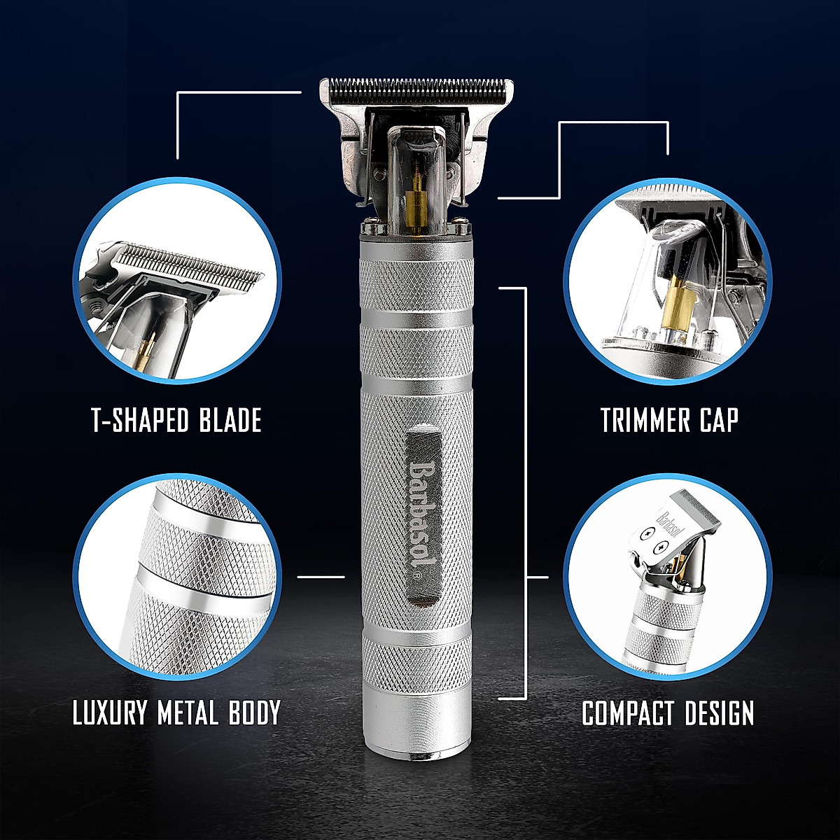 Barbasol Stainless-Steel Rechargeable Zero-Gapped T-Blade Trimmer, Hanging Blade, 3 Guide Combs