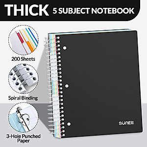 SUNEE 5 Subject Notebook College Ruled - 300 Pages, 8.2"x10.8", Spiral Lined Notebook with 5 Pocket Colored Dividers, 3-Hole Punched Paper, Black Notebooks for School Supplies, Home & Office, Writing Journal