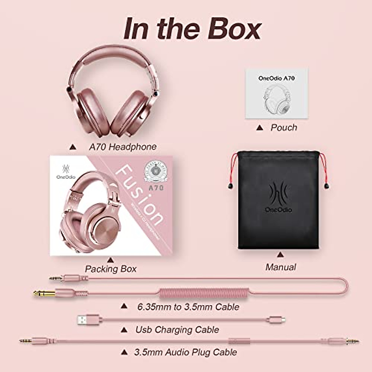 OneOdio A70 Bluetooth Over Ear Headphones for Women and Girls, Pink DJ Headphones, Wired Wireless Recording Headsets, Shareport, Stereo Jack for Guitar Amp Computer PC Tablet (Rose Gold)