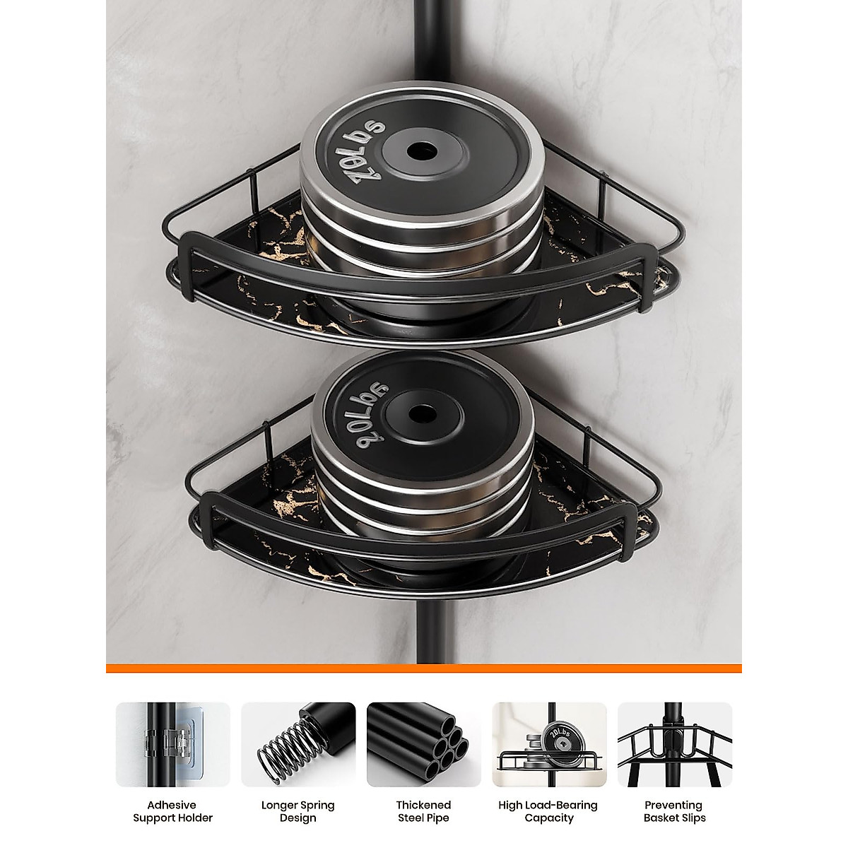 ENRUNEST Corner Shower Caddy Tension Pole for Bathroom Organizer,Tension Shower Caddy Corner,4 Tier Rustproof Larger Capacity Shelves,Adjustable 31.5 to 111.4 Inch,Black