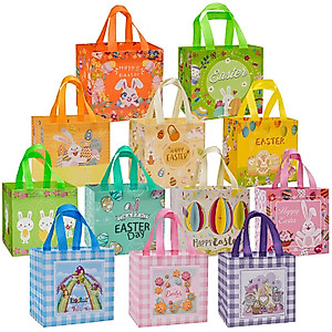 Fayayuan 12PCS Easter Gift Bags Large Reusable Bunny Egg Easter Basket Tote Bags,Non-Woven Easter Treat Bags for Gifts Wrapping, Egg Hunt Game, Easter Party Supplies, 8.3×7.9×5.9inch