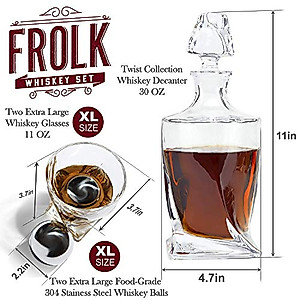 Whiskey Decanter and Stones Gift Set for Men - Whiskey Decanter, 2 Twisted Whiskey Glasses, 2 XL Stainless Steel Whisky Balls, 2 Slate Coasters, Special Tongs & Freezer Pouch in Pinewood Gift Box
