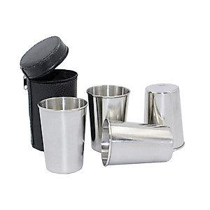 lasenersm 4 Pieces 170ml (5.7 oz) Stainless Steel Shot Cups Shot Glass Drinking Vessel with One Black PU-Leather Carrying Case Outdoor Camping Travel Coffee Tea Cup, Silver Cup, Black Case