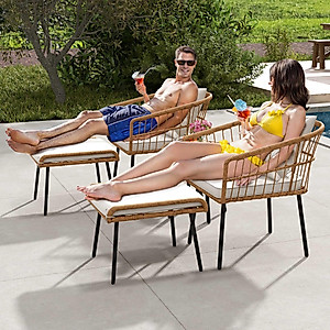 DWVO Patio Furniture Set, 5 Pieces Wicker Outdoor Patio Bistro Set with Ottomans Footrest and Side Table for Porch Balcony Yard Garden Backyard Poolside, Beige