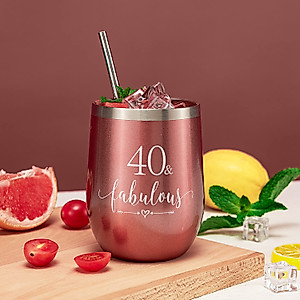 Crisky Rose Gold 40 & Fabulous Wine Tumbler for Women 40th Birthday Gifts for Women, Wife, Mom, Sister, Aunt, Friends, Coworker Her, Vacuum Insulated Coffee Cup,12oz with Box, Lid, Straw