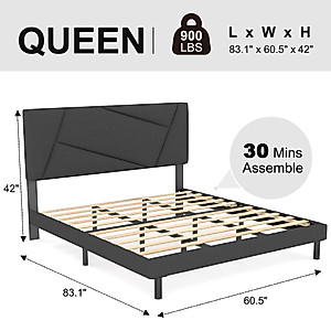Generic Queen Bed Frame Upholstered Platform with Headboard, Linen Fabric Wrap, Strong Frame and Wooden Slats Support, Easy Assembly No Box Spring Needed,Non-Slip and Noiseless, E Dark Grey