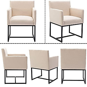 Wahson Set of 2 Linen Upholstered Modern Dining Chair with Arm, Contemporary Dining Room Chair with Black Metal Base, Cream Linen & Black Legs