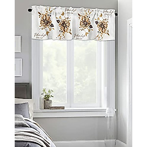Kitchen Cafe Valance Curtain for Small Windows,Abstract Gold Flower with Leaves Rod Pocket Short Blackout Curtains,Floral and Life Quote on White Window Treatment for Living Room Bedroom Bathroom