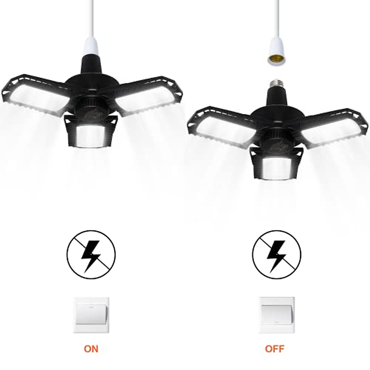 LED Garage Light, Aluminium Radar Motion Sensor Deformable LED Garage Ceiling Lights with Remote Control, 4 Dimmable 90W 9000LM E26/27 Built-in Battery Garage LED Ceiling Lights for Basement, Workshop