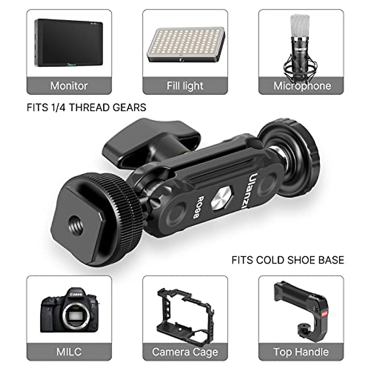 R098 Cold Shoe Monitor Mount 1/4" Rotatable Dual Ballhead Hot Shoe Mount Microphone Fill Light Camera Monitor Swivel Bracket for Sony/Canon/Nikon/Panasonic/Fujifilm
