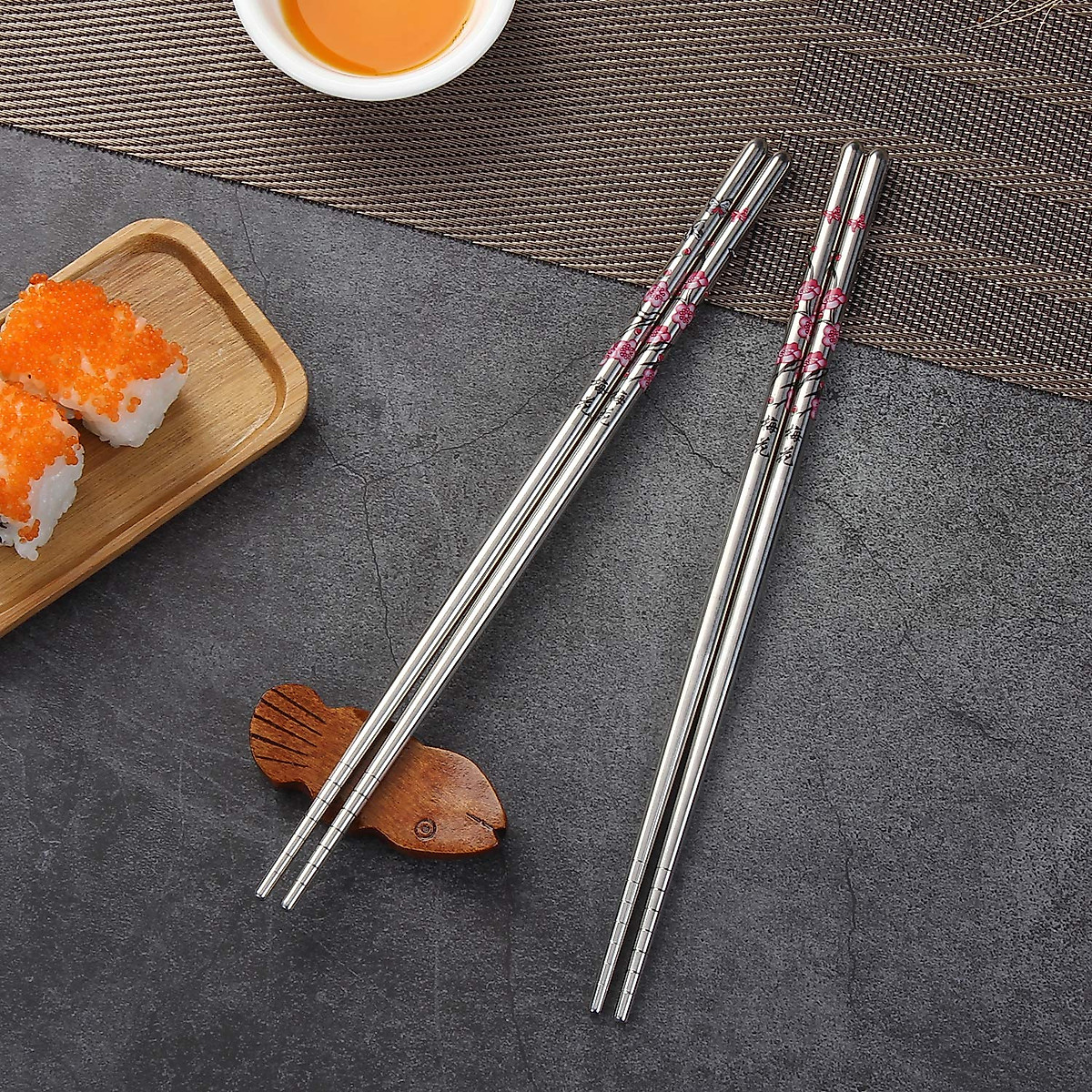 HuaLan Stainless Steel Chopsticks, Metal Alloy Chopstick, Reusable Non-slip Design Chop Sticks, 5 Pairs Gift Set,Plum Pattern Design