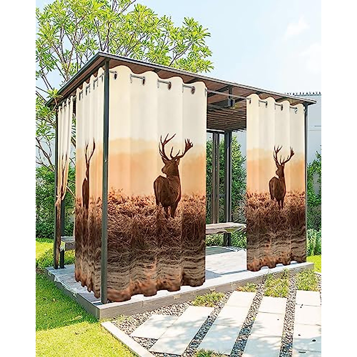 Waterproof Outdoor Curtains for Patio, Deer in the Grassland Under the Sunrise Weatherproof Privacy Outdoor Drapes, Grommet Top Outside Curtains for Gazebo Porch Pergola Cabana, 52x108 Inch