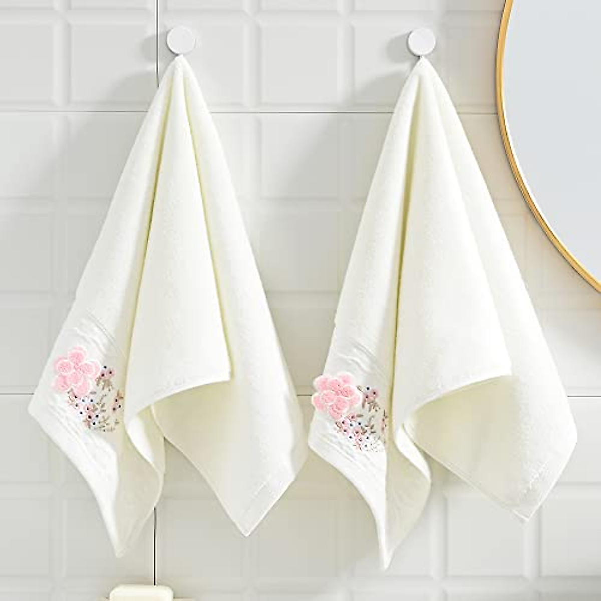 YiLUOMO Beige Hand Towels Stereoscopic Flower Embroidered Bathroom Hand Towel Super Soft 100% Terry Cotton Highly Absorbent Decorative for Home Bathroom(13 x 29 Inch, 2 Pieces)