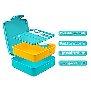 MINCOCO Kids Bento Lunch Box - Lunch Container with Sauce Jar, Spoon&Fork 4-Compartment, On-the-Go Meal and Snack Packing - Leak Proof, Durable, Microwave Safe (Sky Blue)