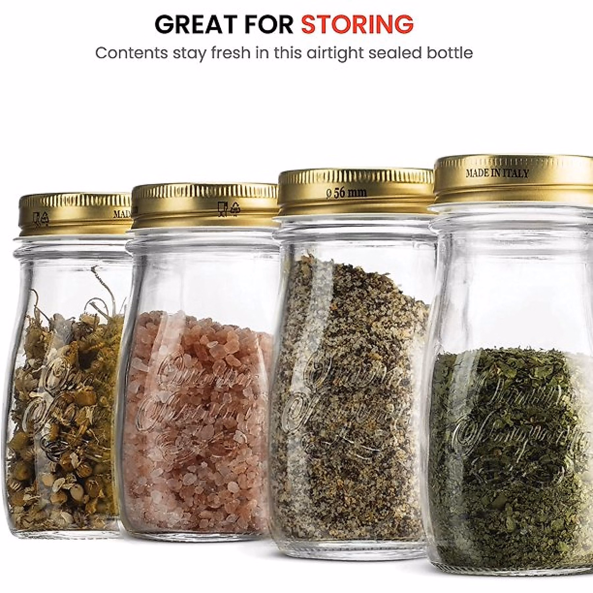 Bormioli Rocco Quattro Stagioni, Set Of 12, Glass Canning Mason Jars And Drinking Bottles, 13.5 Oz. With Gold Metal Airtight Lids, Made In Italy.