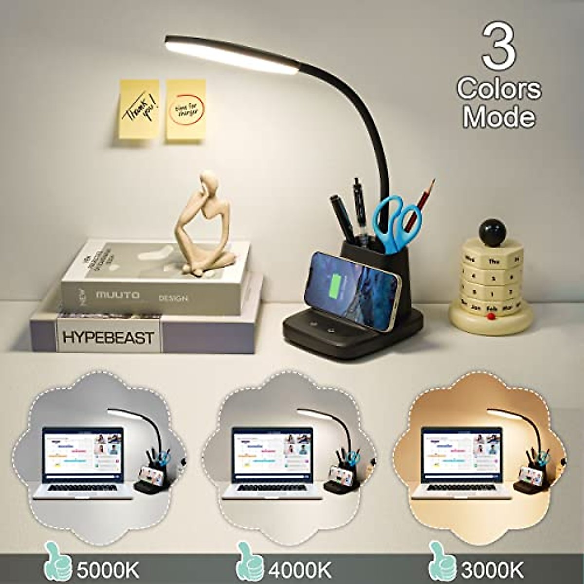 Sailstar LED Desk Lamp with Wireless Charger, Black Desks Lamp for Home Office, 3 Color Modes, Stepless Dimming, CRI 85, 800 Lumen, Study Lamp with Pen Holder for College Dorm Room, Adapter Included