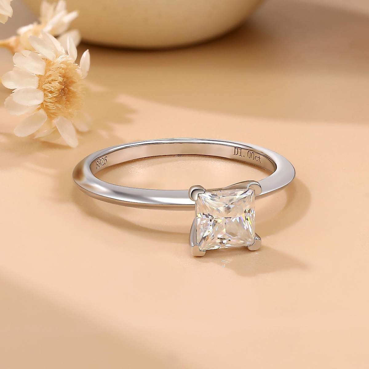 Ladylike Princess Cut Moissanite Engagement Ring for Women, 1ct Sterling Silver Solitaire Engagement Ring, 18K White Gold Plated D Color VVS1 Lab Created Diamond Rings, Size 7