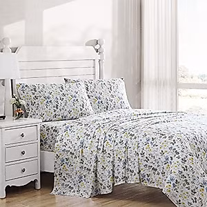 Laura Ashley Home - King Sheets, Soft Sateen Cotton Bedding Set - Sleek, Smooth, & Breathable Home Decor, Meadow Floral Blue