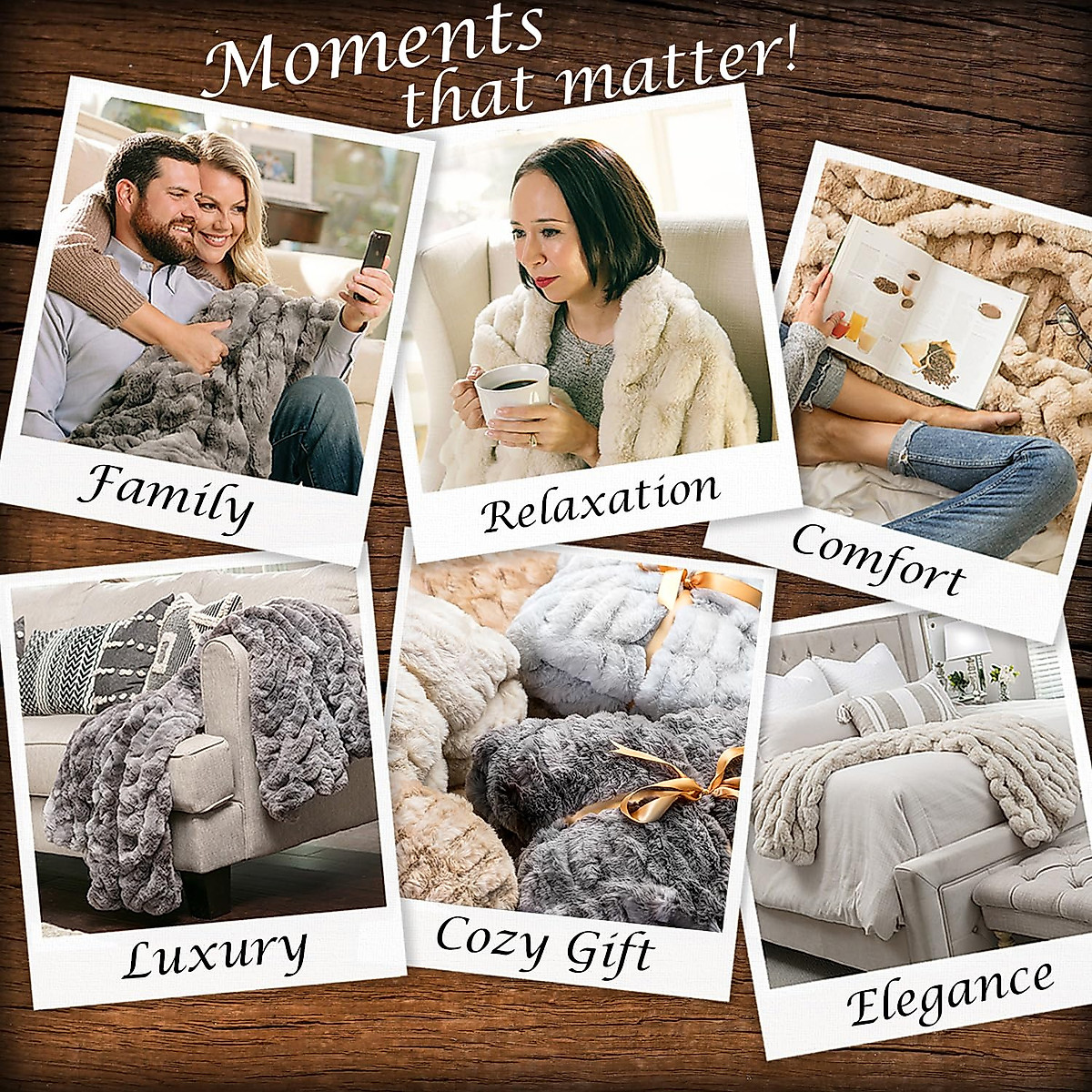 Chanasya Premium Ruched Faux Fur Throw Blanket - Luxurious, Soft Reversible Mink Blanket - 50" x 65” - Mocha