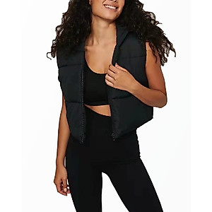 Shiyifa Women's Fashion High Neck Zipper Cropped Puffer Vest Jacket Coat (Black, Large)