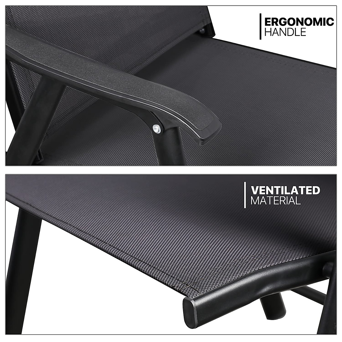 MoNiBloom Set of 2 Patio Outdoor Folding Chairs, Portable Dining Chairs with Armrest for Outside Garden Camping Backyard Poolside Beach Deck, Black