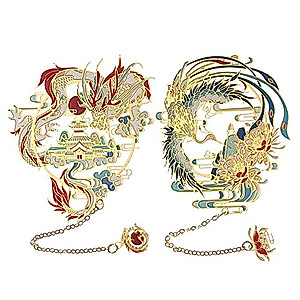 WEISHA Bookmarks Chinese Retro Carving Metal Bookmarks Hollow Out Book Clip with Pendant Pagination Mark School Supplies(Dragon)