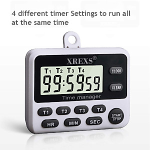 XREXS 4 Channels Digital Kitchen Timer Clock, Cooking Timer with Large LCD Display, 4 Groups Simultaneous Timing Countdown Up Pocket Timer, Magnetic Attachable (Battery Included) (396)