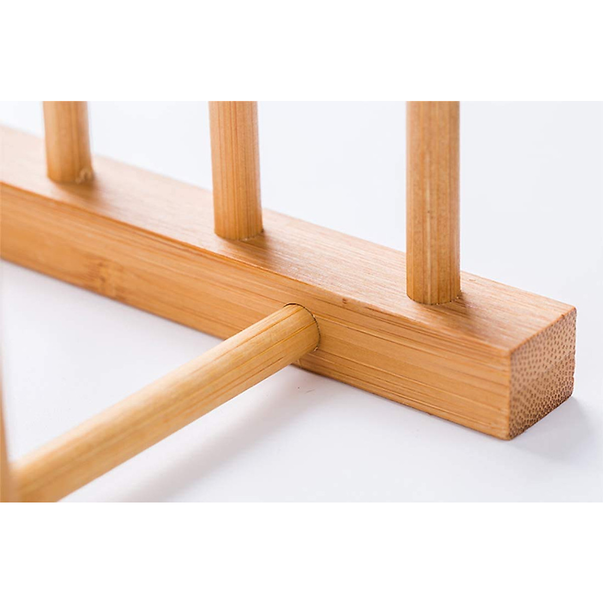 Tsyware 4 Pack Bamboo Wooden Dish Rack, Plate Rack Stand Pot Lid Holder, Kitchen Cabinet Organizer for Cup, Cutting Board, Bowl, Drying Rack and book hook