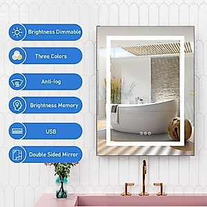 Kiiminki LED Bathroom Cabinet, Wall Mounted Medicine Cabinet with LED Mirror 3 Colors Changeable & Dimmable Brightness, Anti-Fog Function (Black, 36X24)