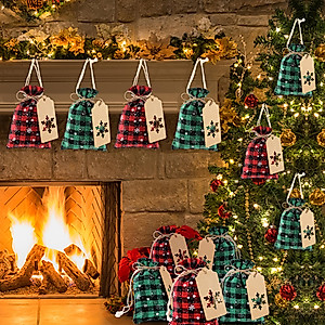 GlyinnHe 36PCS Christmas Drawstring Bag Buffalo Plaid Xmas Burlap Bag with Snowflake Bulk Jute Gift Goody Treat Bags with Kraft Tag for Xmas Holiday New Year Party Favors Supplies