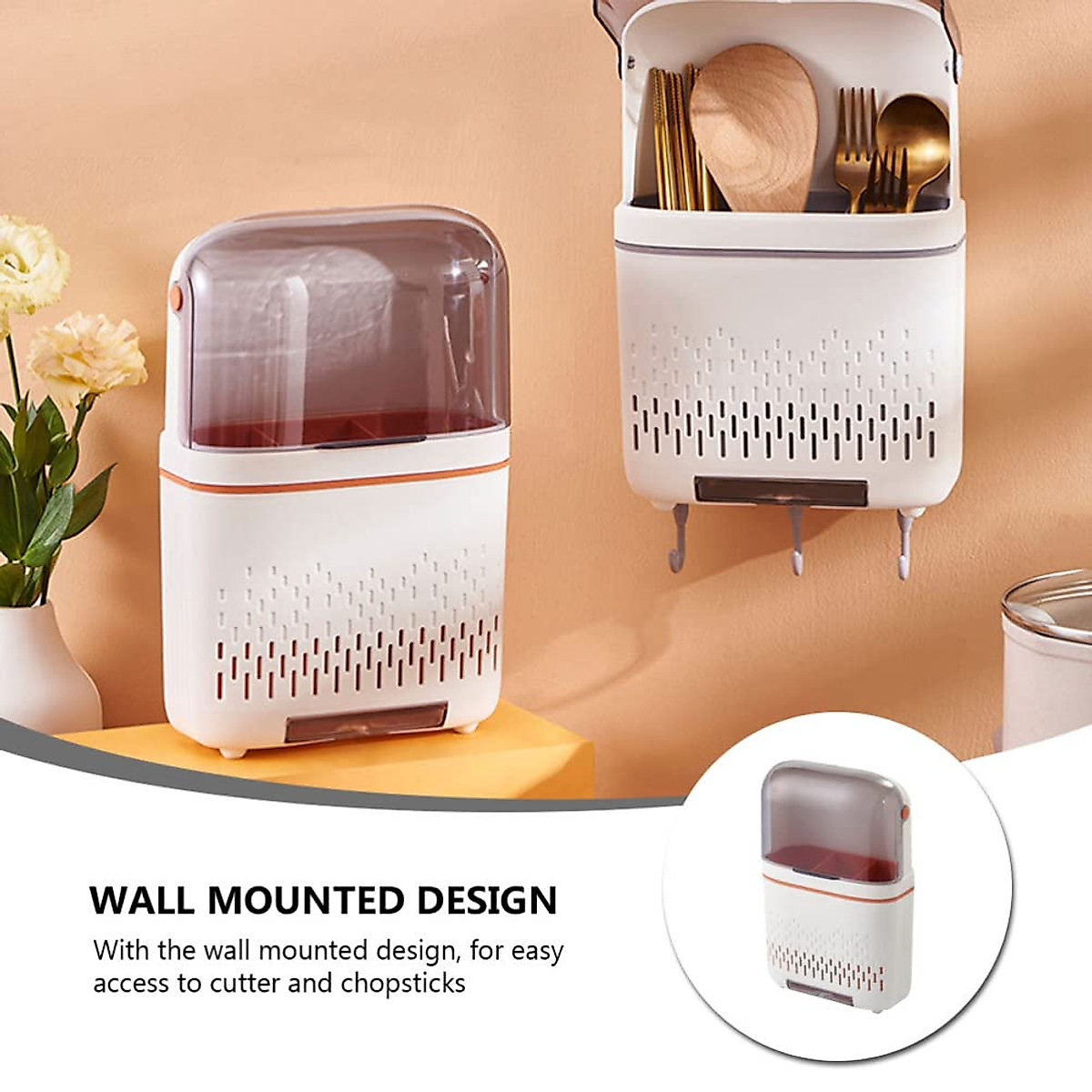 DOITOOL Wall Cutlery Storage Organizer Kitchen Utensil Holder Multifunctional Draining Chopstick Cage Cutlery Storage Organizer Caddy Tableware Spoon Forks Storage Box White