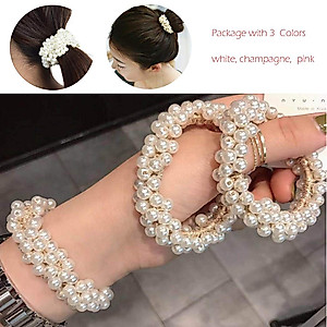 Unicra Pearl Hair Ties Beaded Fashion Elastic Hair Scrunchies Set Fancy Pearls Decorative Ponytail Holder Hair Accessories for Women and Girls 3PCS (Pearl)