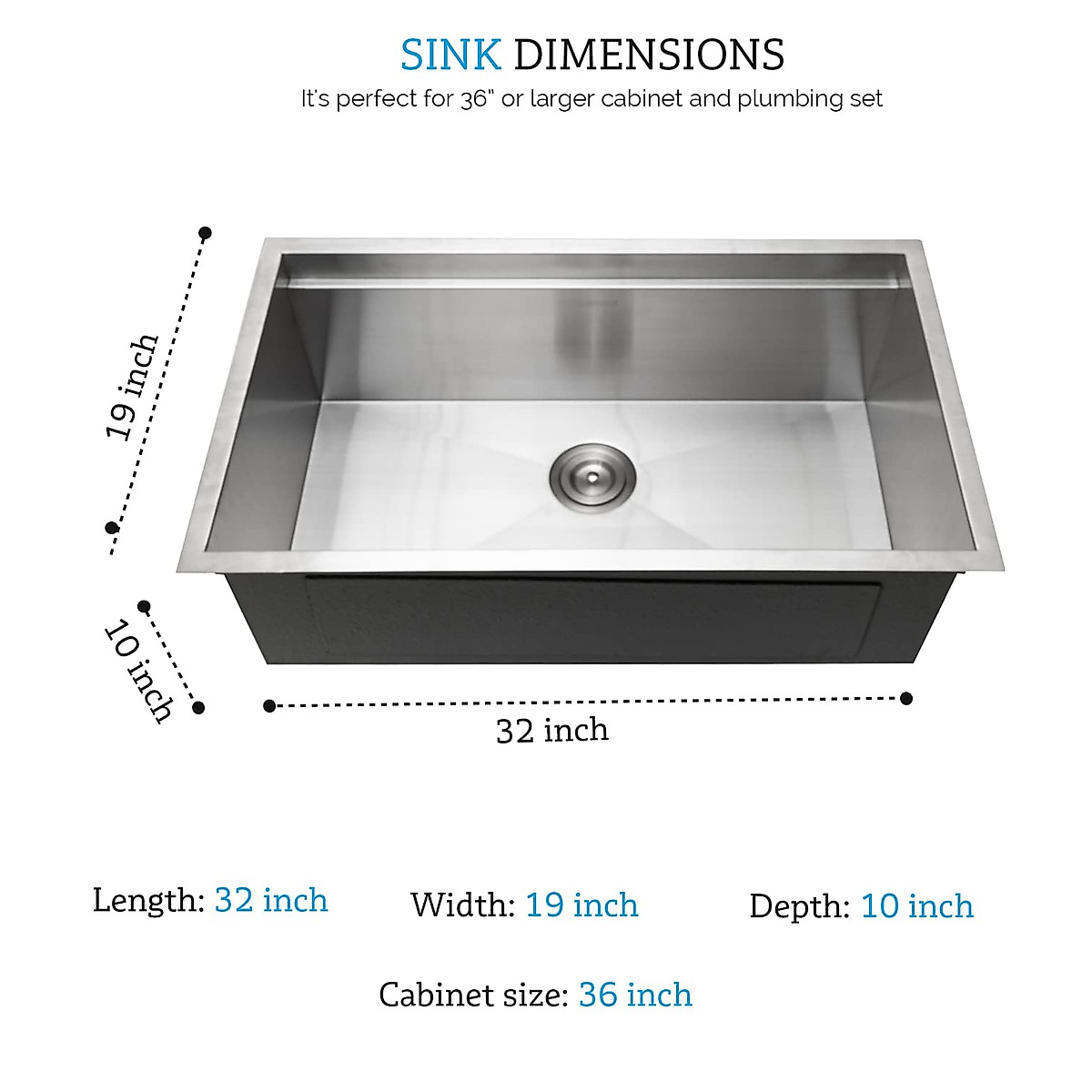KABCO K-SSZRIS1 32 Inch 16 Guage Undermount kitchen sink Zero Radius Single Bowl stainless steel Finish kitchen sink 32"L X 19"W X 10"D Inch