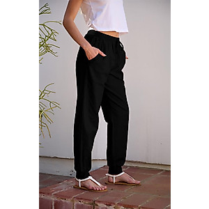 PURPEARL Cotton Linen Joggers for Women Stretchy Work Drawstring Elastic Waist Petite Pants Casual Trousers with Pockets Black