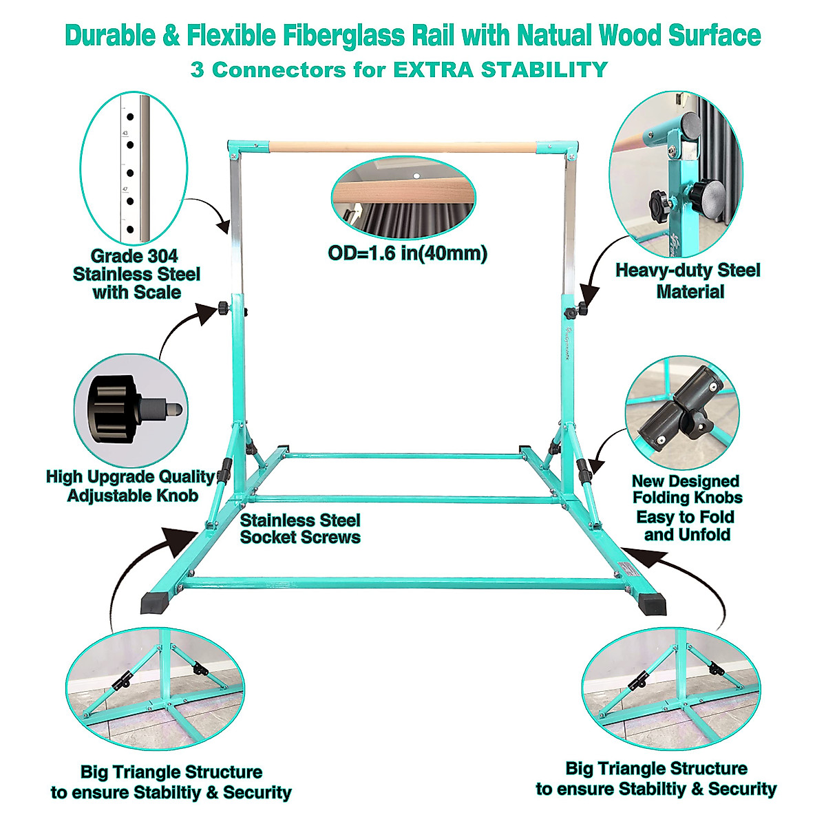 PreGymnastic Foldable Gymnastics Bar, 6FT Gymnastic Horizontal Bars, Folding Training Bar for Kids and Teenagers 3-18, Weight Limit 500 LB, Adjustable kip Bar,Children Home Gym Equipment Indoor