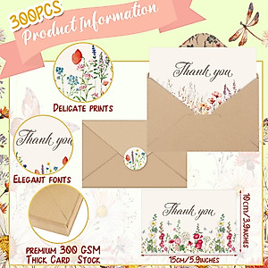 Noveread 300 Pieces Wildflower Thank You Cards with Floral Envelopes 4 x 6 Inch, Thank You Notes with Envelopes Set with Floral Thank You Cards and Stickers for Birthday Wedding Bridal Shower