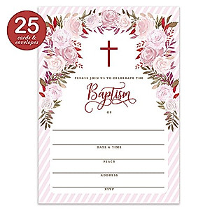DB Party Studio Set Baby Baptism Invitations with Matched Thank You Notes ( 25 of Each ) Envelopes Included, 5 x 7" Lovely Pink Roses Fill-in Invites & Folded Thanks Cards Infant Christening Pair