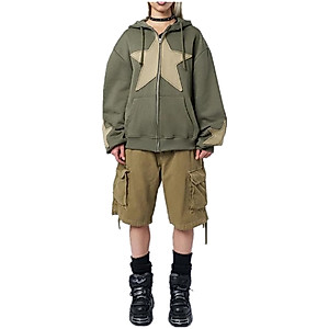 Karwuiio Women Y2k Zip Up Hoodies Star Graphic Long Sleeve Jackets Hip Hop Harajuku Oversized Hooded Sweatshirt(Gray Green,L)