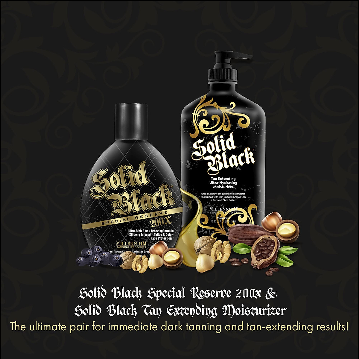 Millennium Tanning Solid Black 200X Tanning Lotion & Tan Extender Lotion, 13.50 & 18.25 Fluid Ounces