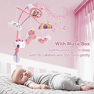 SHIDEER Crib Mobile for Girls, Crib Mobile with 36 Lullabies Musical Box, Baby Mobile for Crib with Mirror, Volume & Songs Control, Baby Mobile Hanging Rotating Crib Toys(Pink Castle&Rainbow Theme)