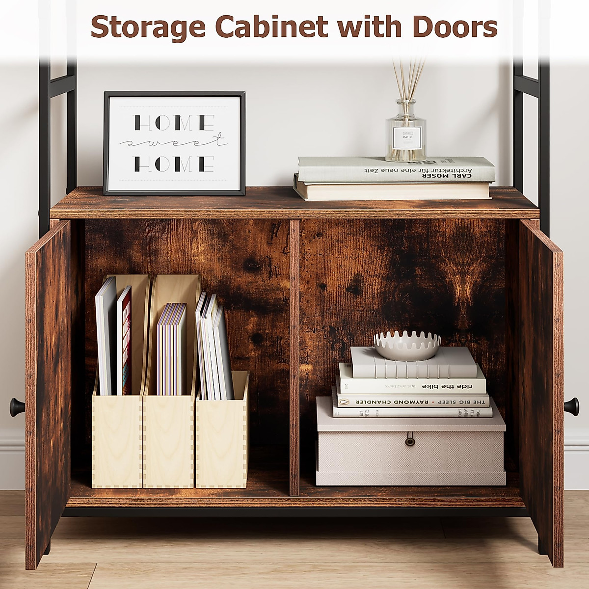 BOTLOG Industrial Bookshelf, Tall Bookshelf with Storage, Wood and Metal Shelf with Doors and Shelves Rustic Brown for Office and Living Room