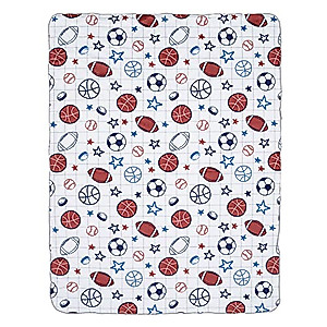 Lambs & Ivy Baby Sports White Fleece Baby Blanket - Football/Basketball/Baseball