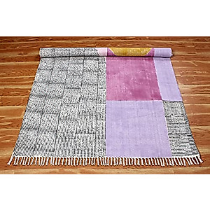 Casavani Hand Block Printed Rug Geometric Blue & Pink Tassel Rug Boho Area Rug Easy Care Washable Rugs for Doormat Entryway Living Room Bedroom Hallway Balcony 10x10 Feet Square