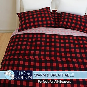 Elegant Comfort Soft 4-Piece 100% Turkish Cotton Flannel Sheet Set - Premium Quality, Deep Pocket Fitted Sheet, Ultra Soft, Cozy Warm Flannel Sheets - King, Buffalo Check Burgundy