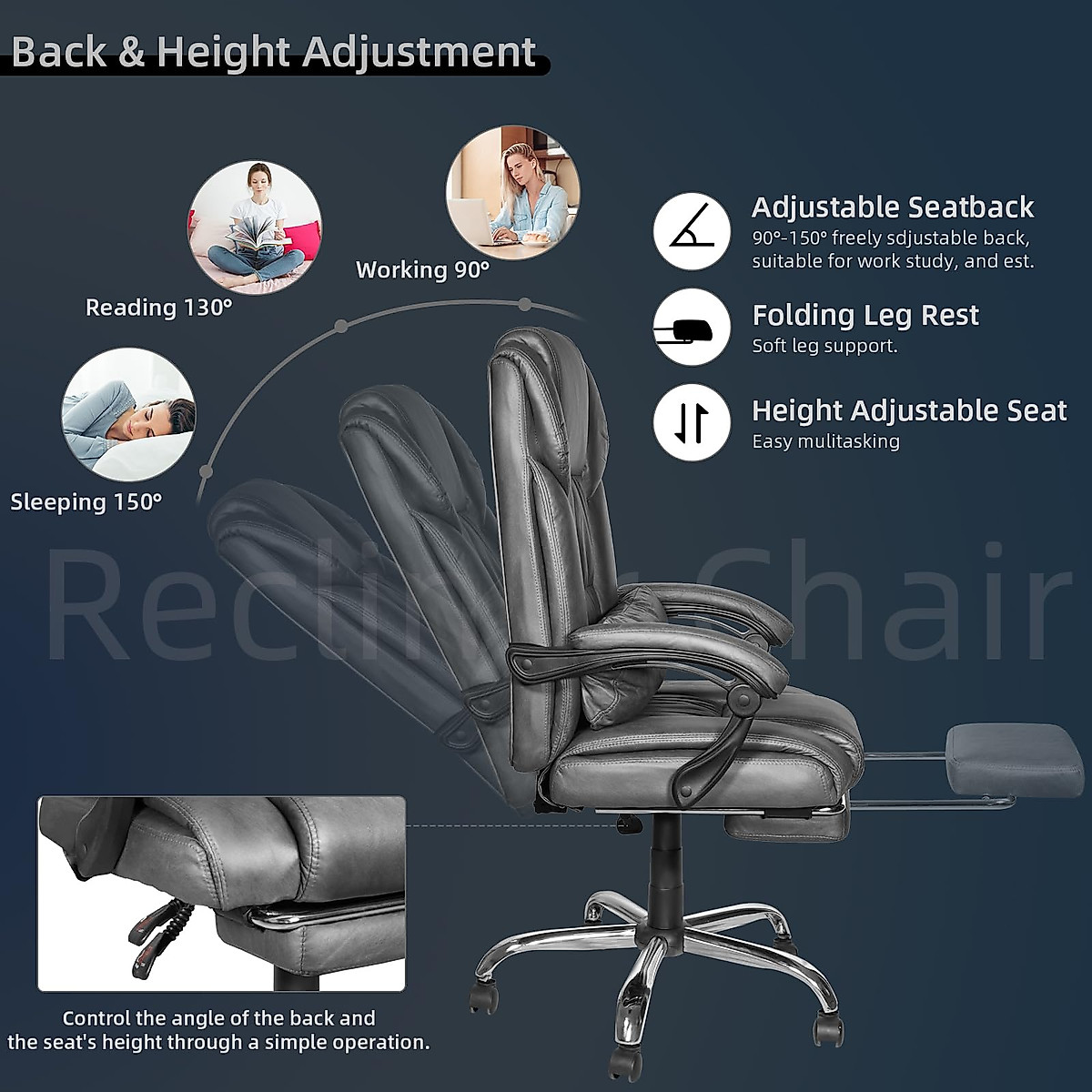 Toszn High Back Executive Office Chair, Reclining Office Chair with Footrest, PU Home Office Desk Chair Adjustable Height, Computer Desk Chair with Lumbar Cushion, Grey